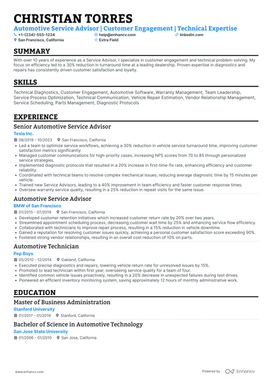 18 Service Advisor Resume Examples & Guide for 2025