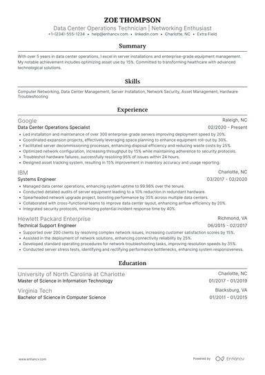 19 Data Center Technician Resume Examples & Guide for 2025
