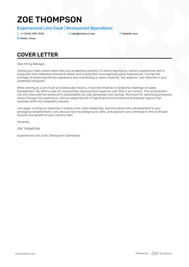 7 Professional Cook Cover Letter Examples and Template for 2025 | Enhancv