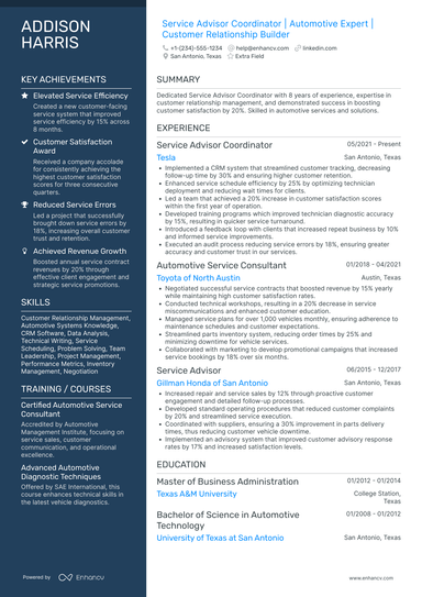 18 Service Advisor Resume Examples & Guide for 2025