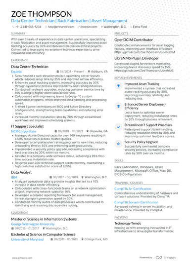19 Data Center Technician Resume Examples & Guide for 2025