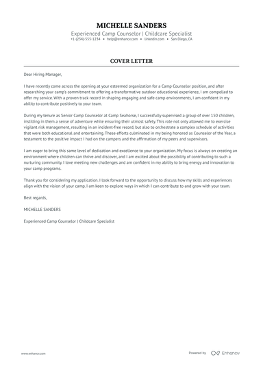 5 Professional Camp Counselor Cover Letter Examples and Template for 2024 | Enhancv