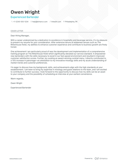 17 Professional Bartender Cover Letter Examples and Template for 2025 ...