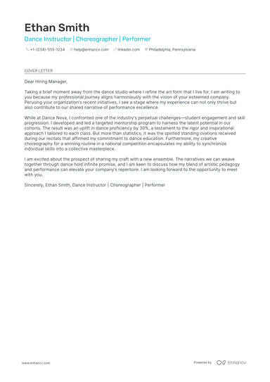 5 Professional Dance Cover Letter Examples and Template for 2024 | Enhancv