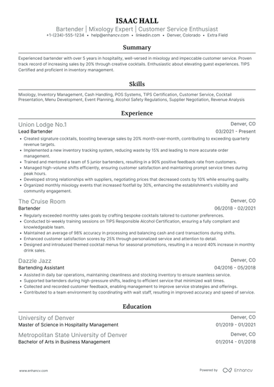 28 Bartender Resume Examples & Guide for 2025
