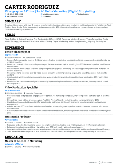 21 Videographer Resume Examples - March 2025