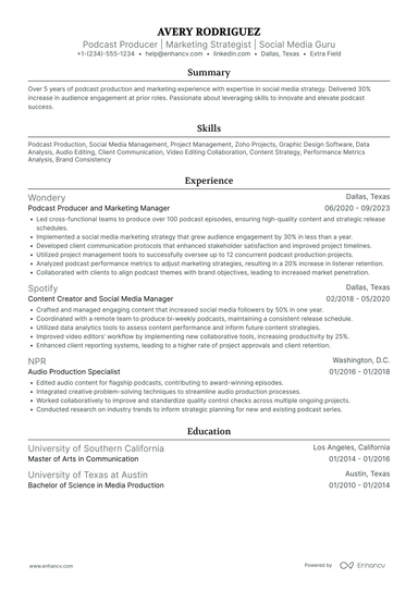 20 Podcaster Resume Examples & Guide for 2025