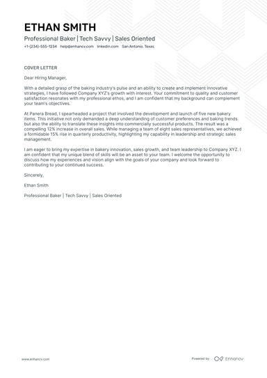 5 Professional Baker Cover Letter Examples and Template for 2025 | Enhancv