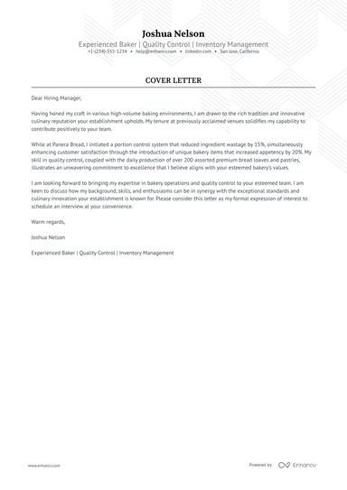5 Professional Baker Cover Letter Examples and Template for 2025 | Enhancv