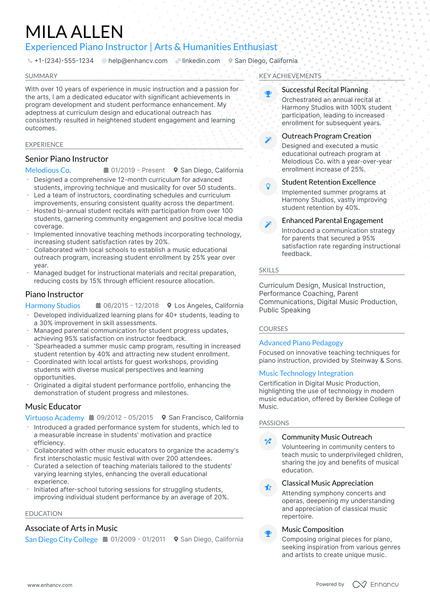 10 Piano Teacher Resume Examples, Templates & Guide for 2026
