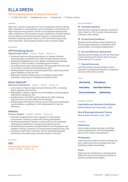 17 Fine Dining Server Resume Examples - March 2026