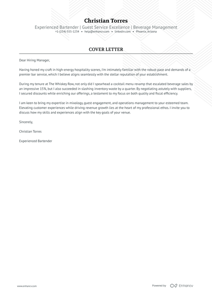 Bartender Cover Letter Examples for 2026 | Enhancv