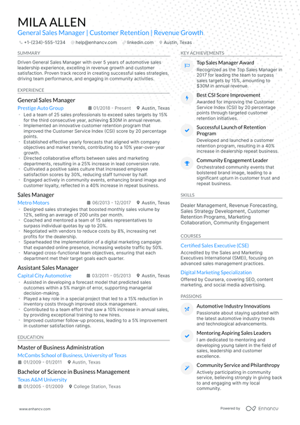 10 Automotive General Sales Manager Resume Examples & Guide for 2026