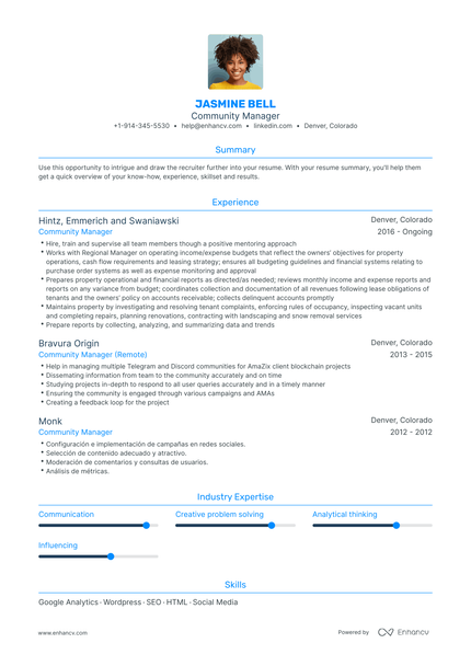 Community Manager Resume Examples & Guide for 2023 (Layout, Skills ...