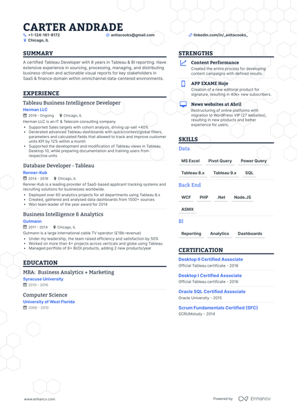 5 Tableau Developer Resume Examples & Guide for 2023