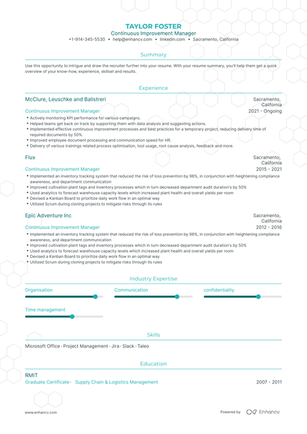 Continuous Improvement Manager Resume Examples & Guide for 2023 (Layout ...