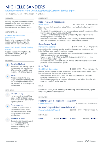 10 Hotel Front Desk Receptionist Resume Examples & Guide For 2025