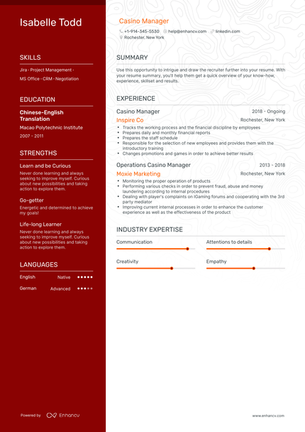 Casino Manager Resume Examples & Guide for 2023 (Layout, Skills ...