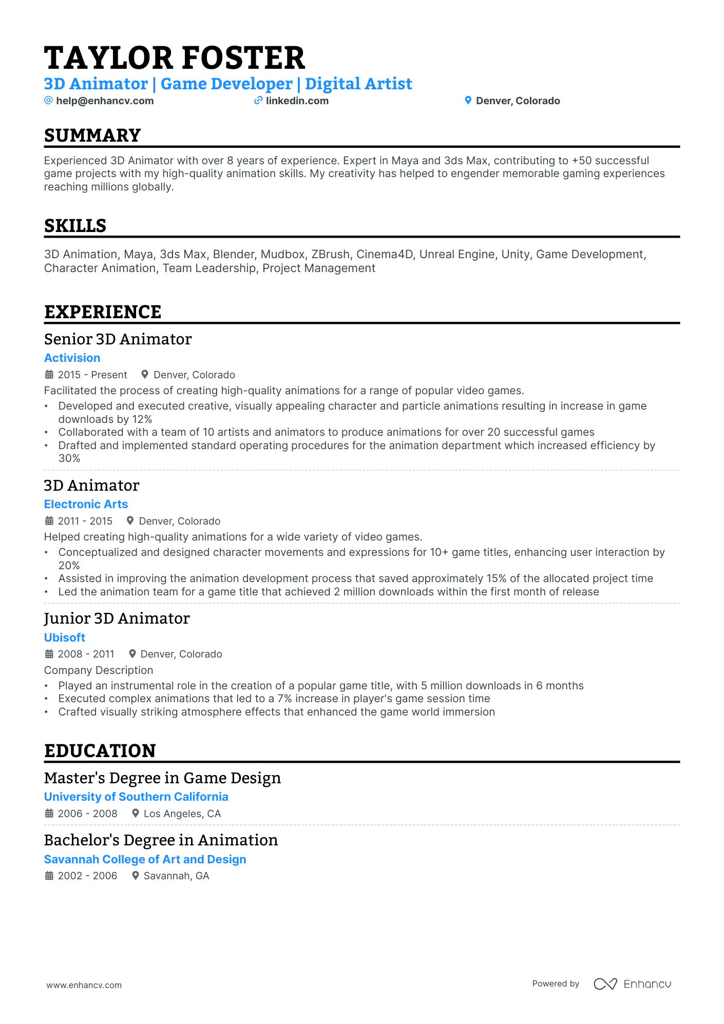 10 3D Animator Resume Examples & Guide for 2026