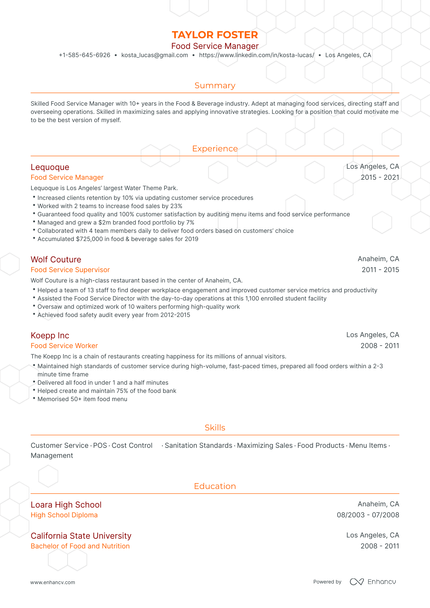 5 Food Service Resume Examples & Guide for 2024