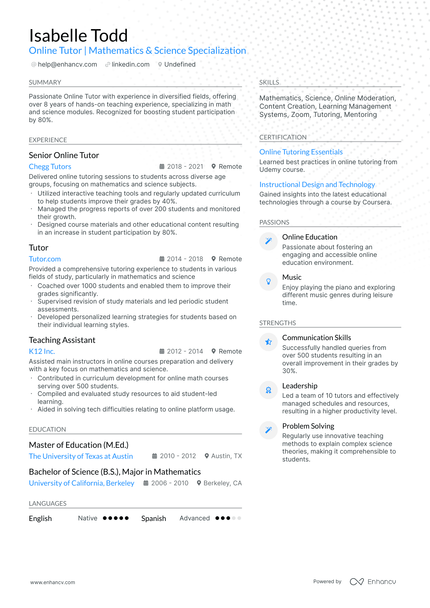 10 Online Tutor Resume Examples & Guide for 2025