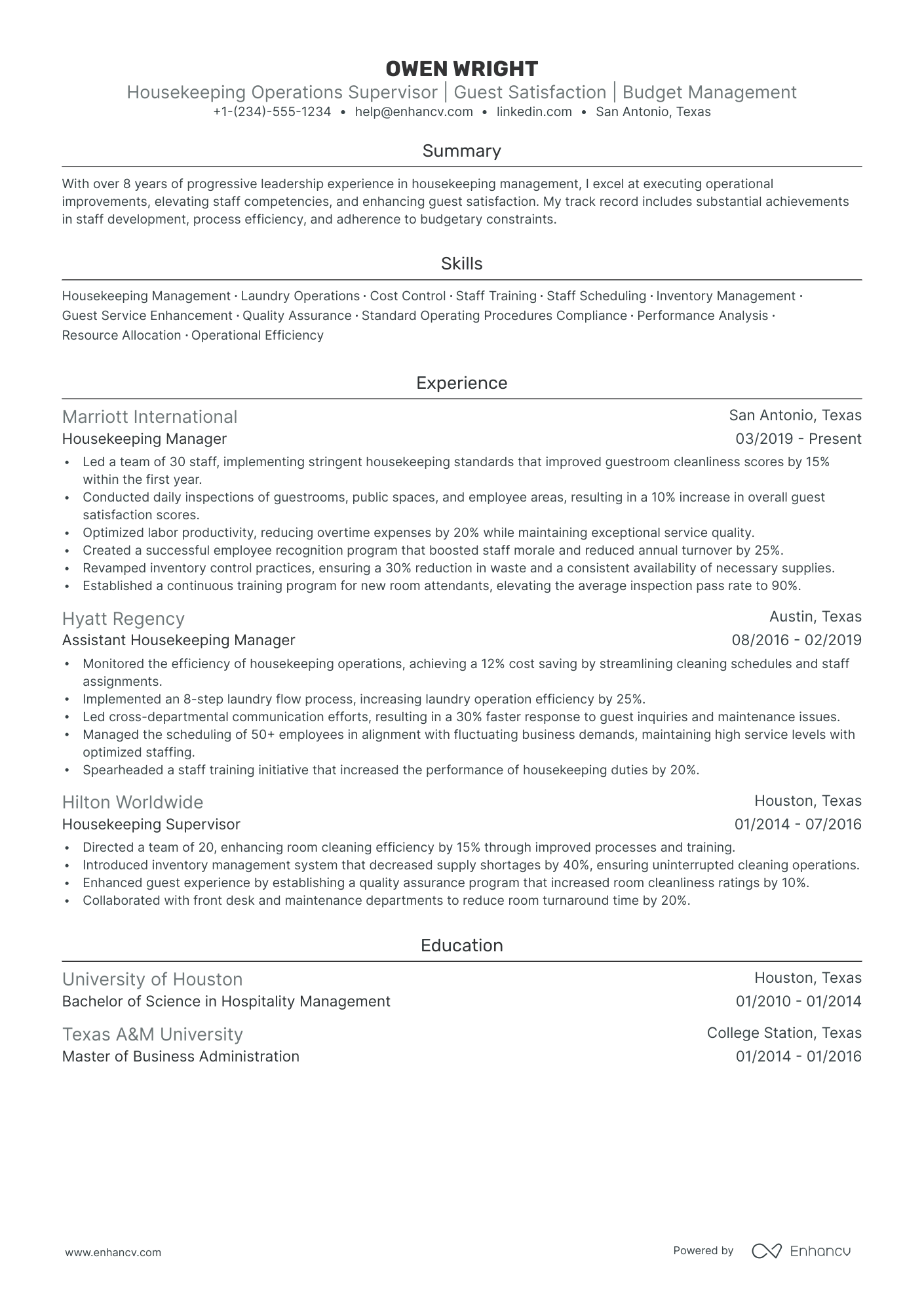 5 Housekeeping Manager Resume Examples & Guide for 2024