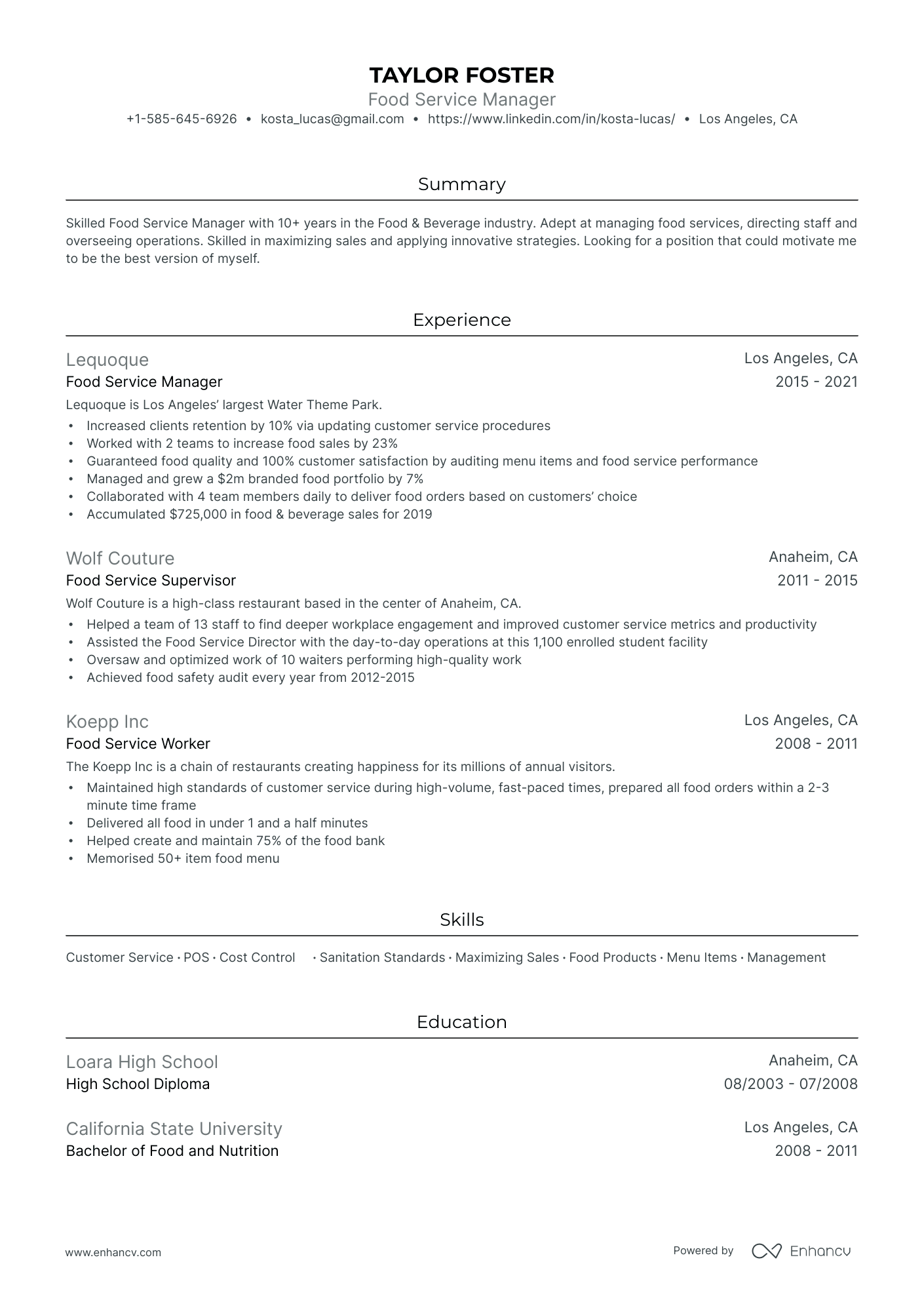 5 Food Service Resume Examples & Guide for 2025