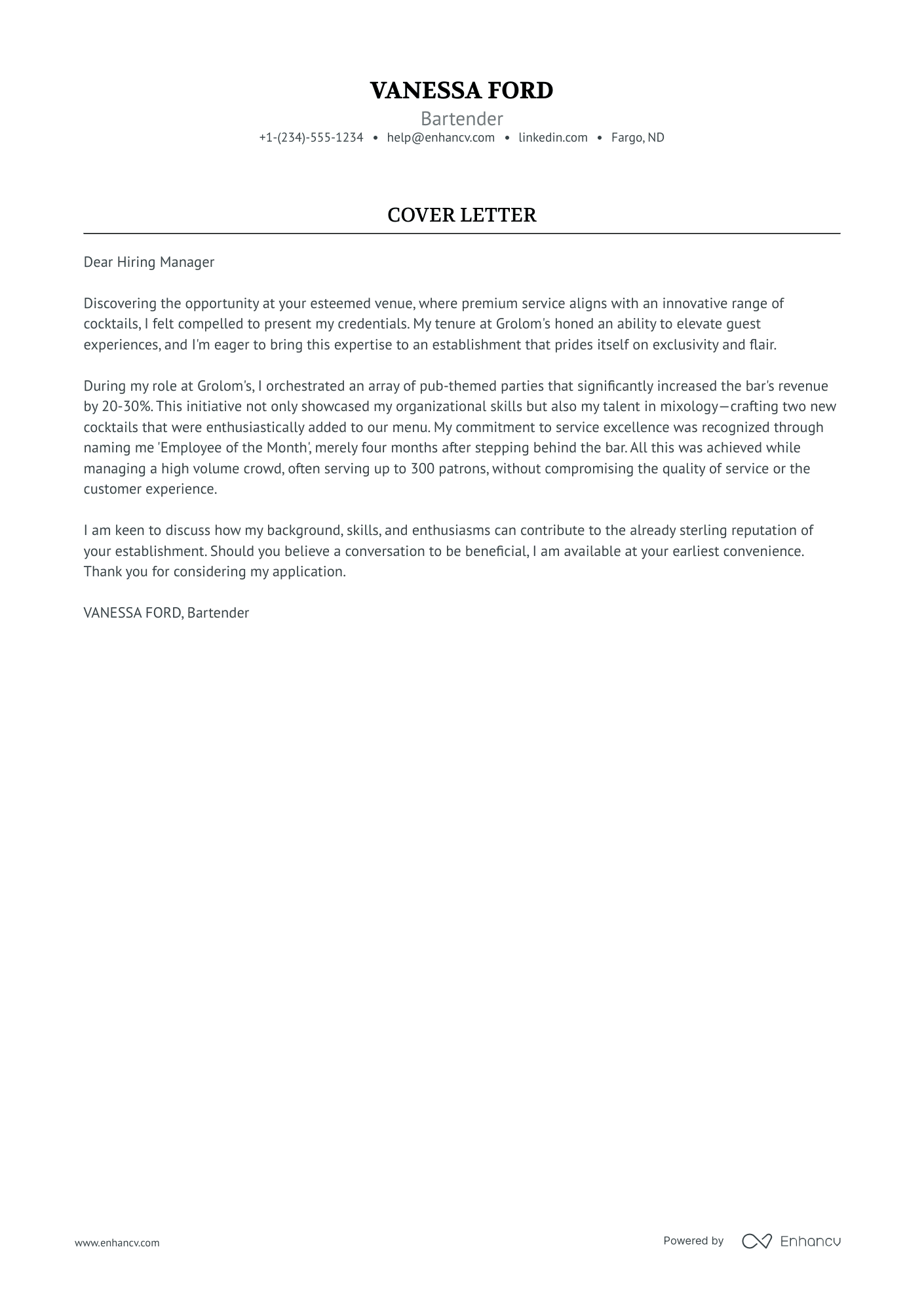 17 Professional Bartender Cover Letter Examples and Template for 2024 ...