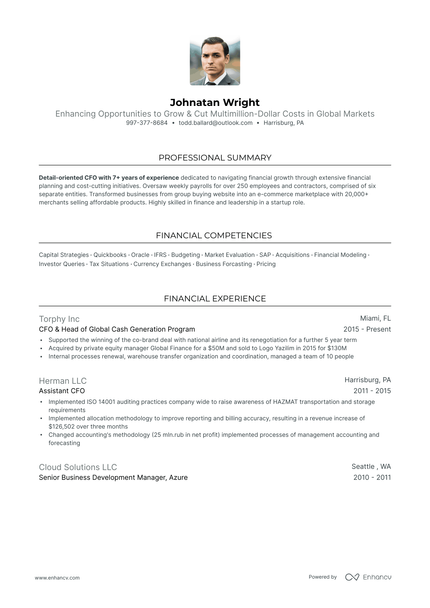 5 Chief Financial Officer Resume Examples - January 2025