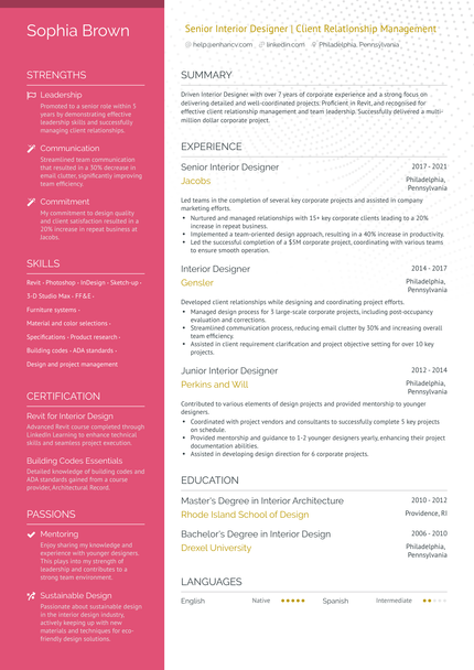 7 Interior Designer Resume Examples & Guide for 2024