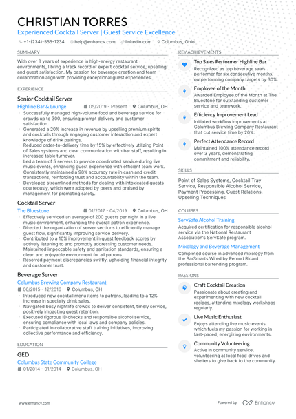 10 Cocktail Server Resume Examples & Guide for 2026