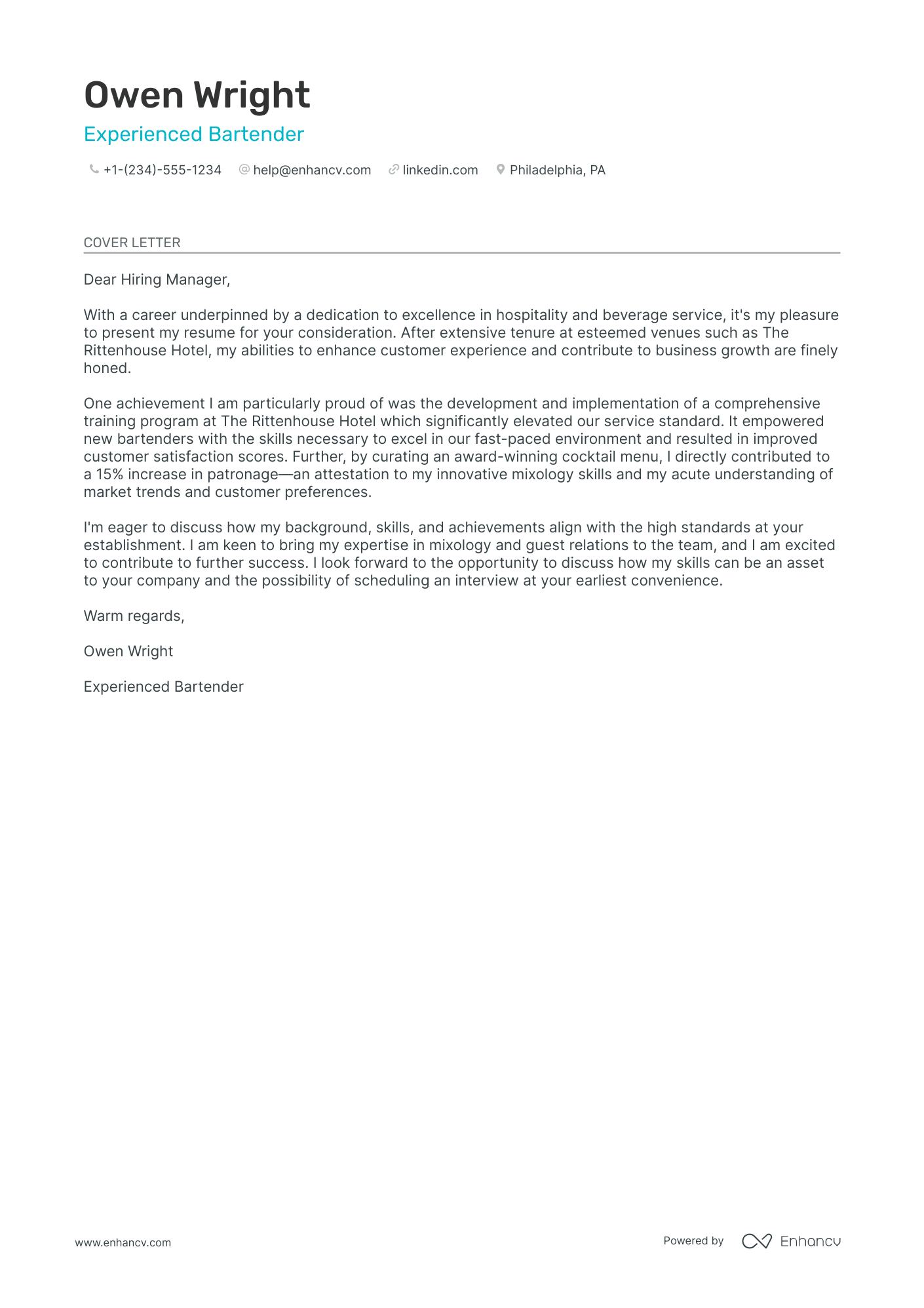 17 Professional Bartender Cover Letter Examples and Template for 2024 ...