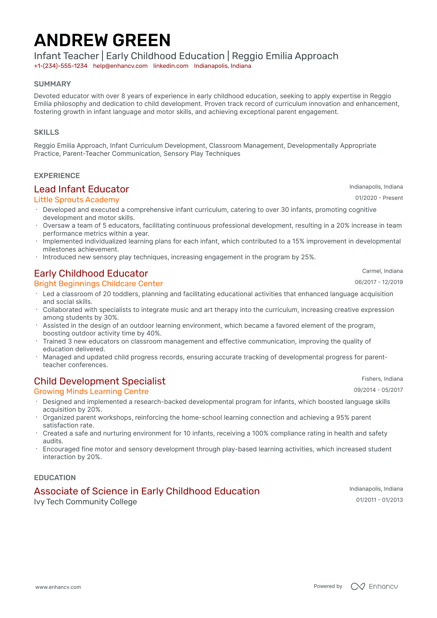 10 Infant Teacher Resume Examples & Guide for 2026