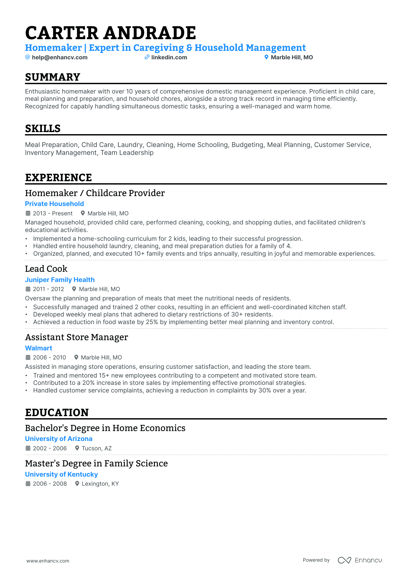 10 Homemaker Resume Examples & Guide for 2026
