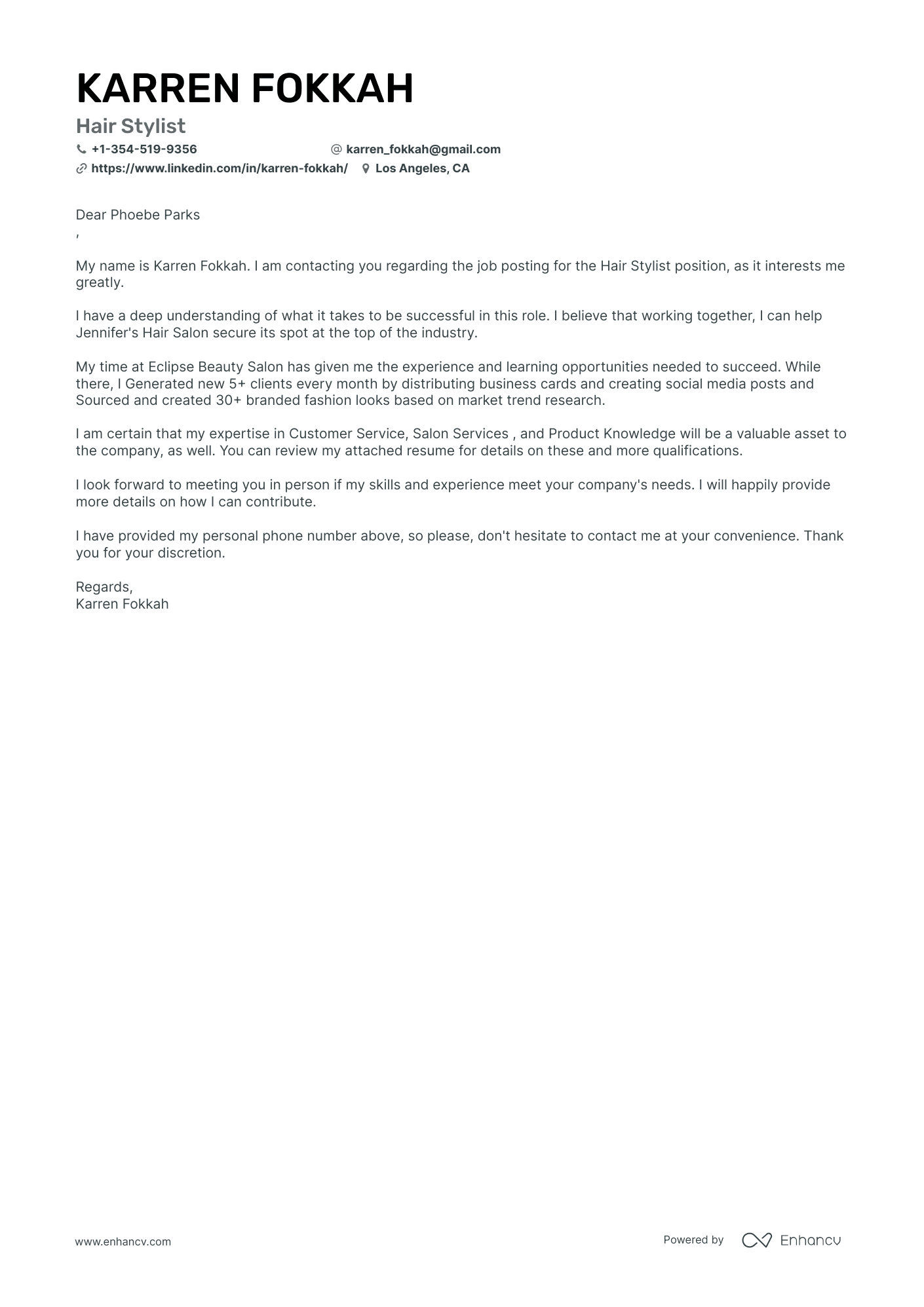 Real Hair Stylist Cover Letter Example for 2024