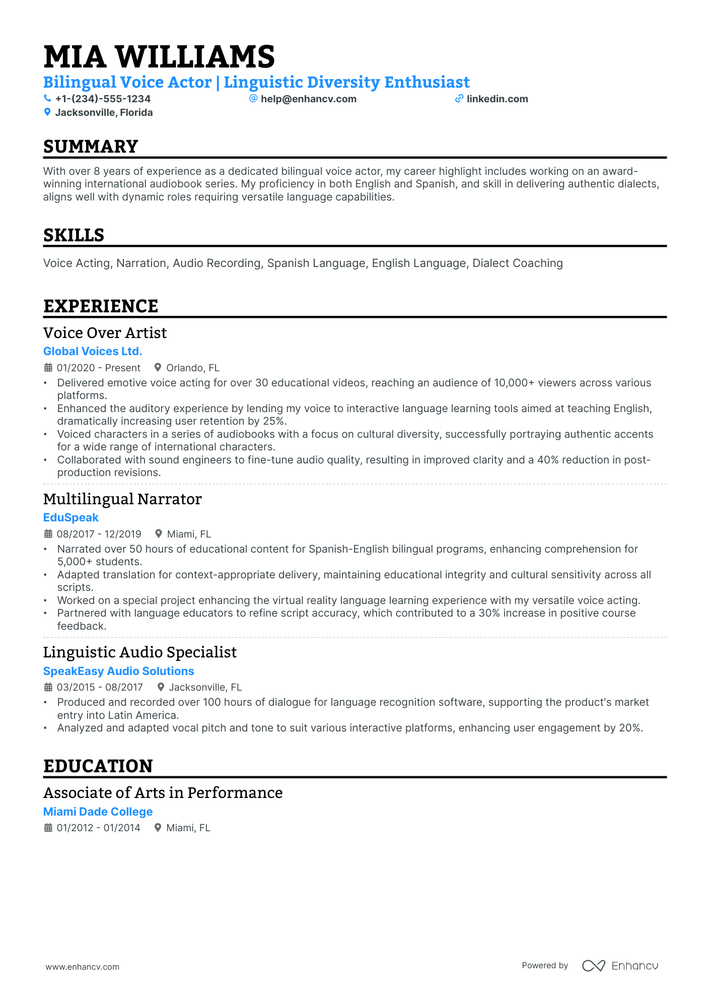 10 Voice Actor Resume Examples & Guide for 2025