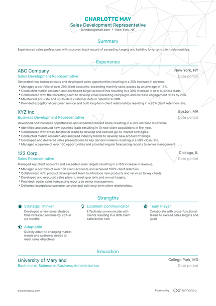 5 Sales Development Representative Resume Examples & Guide for 2023