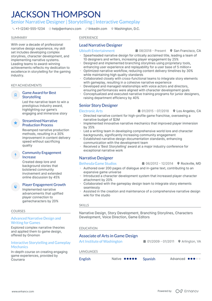 10 Narrative Designer Resume Examples, Templates & Guide for 2026