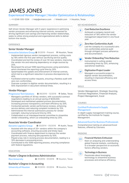 10 Vendor Manager Resume Examples & Guide for 2025
