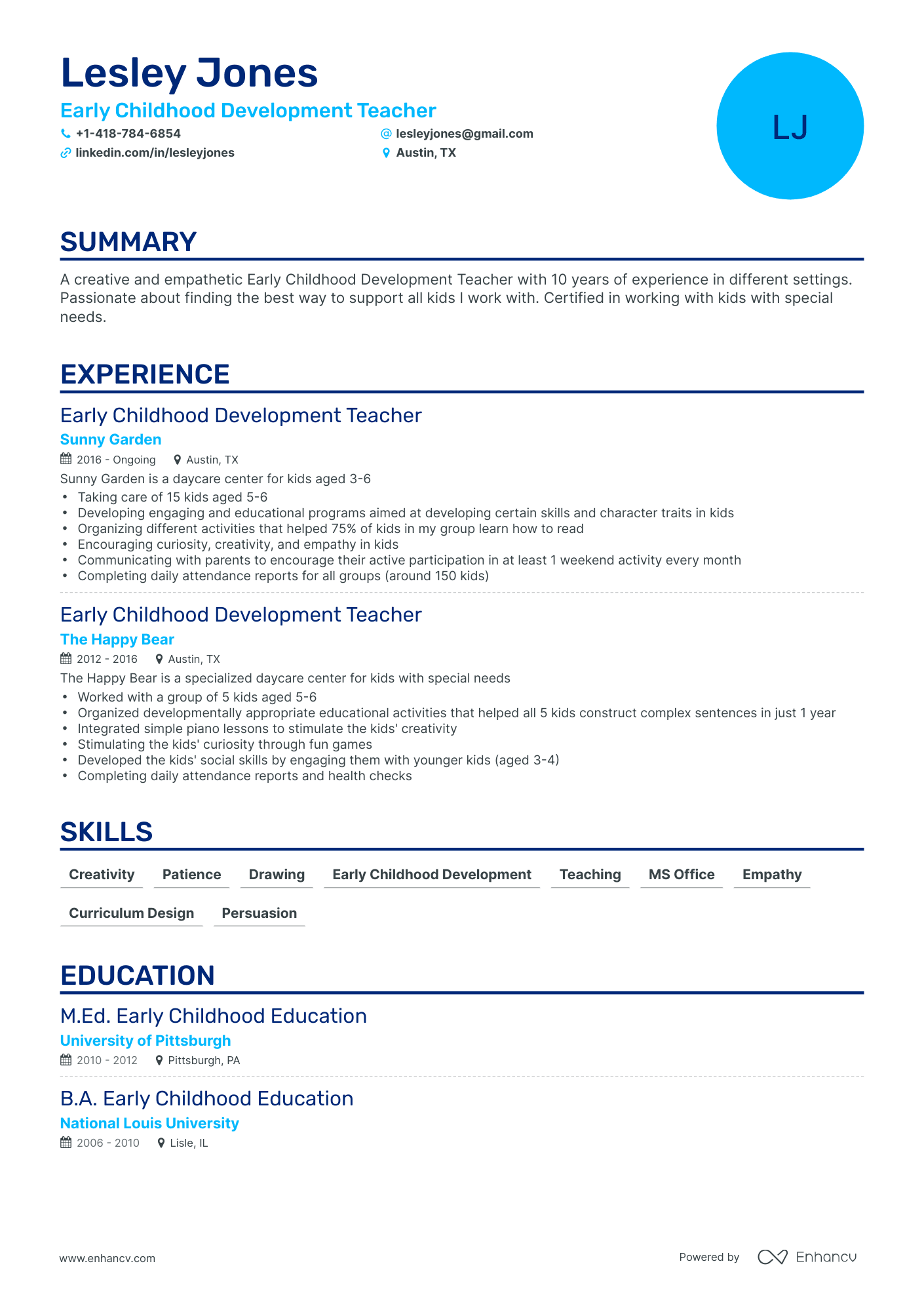 4 Early Childhood Teacher Resume Examples & Guide for 2023