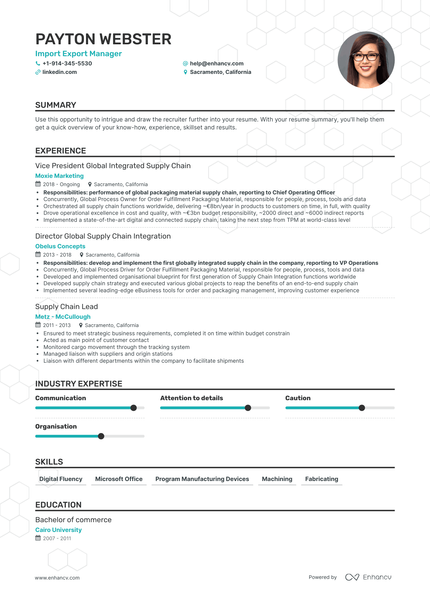 Import Export Manager Resume Examples & Guide for 2023 (Layout, Skills ...
