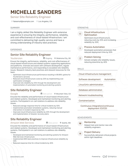 5 Site Reliability Engineer Resume Examples & Guide for 2024