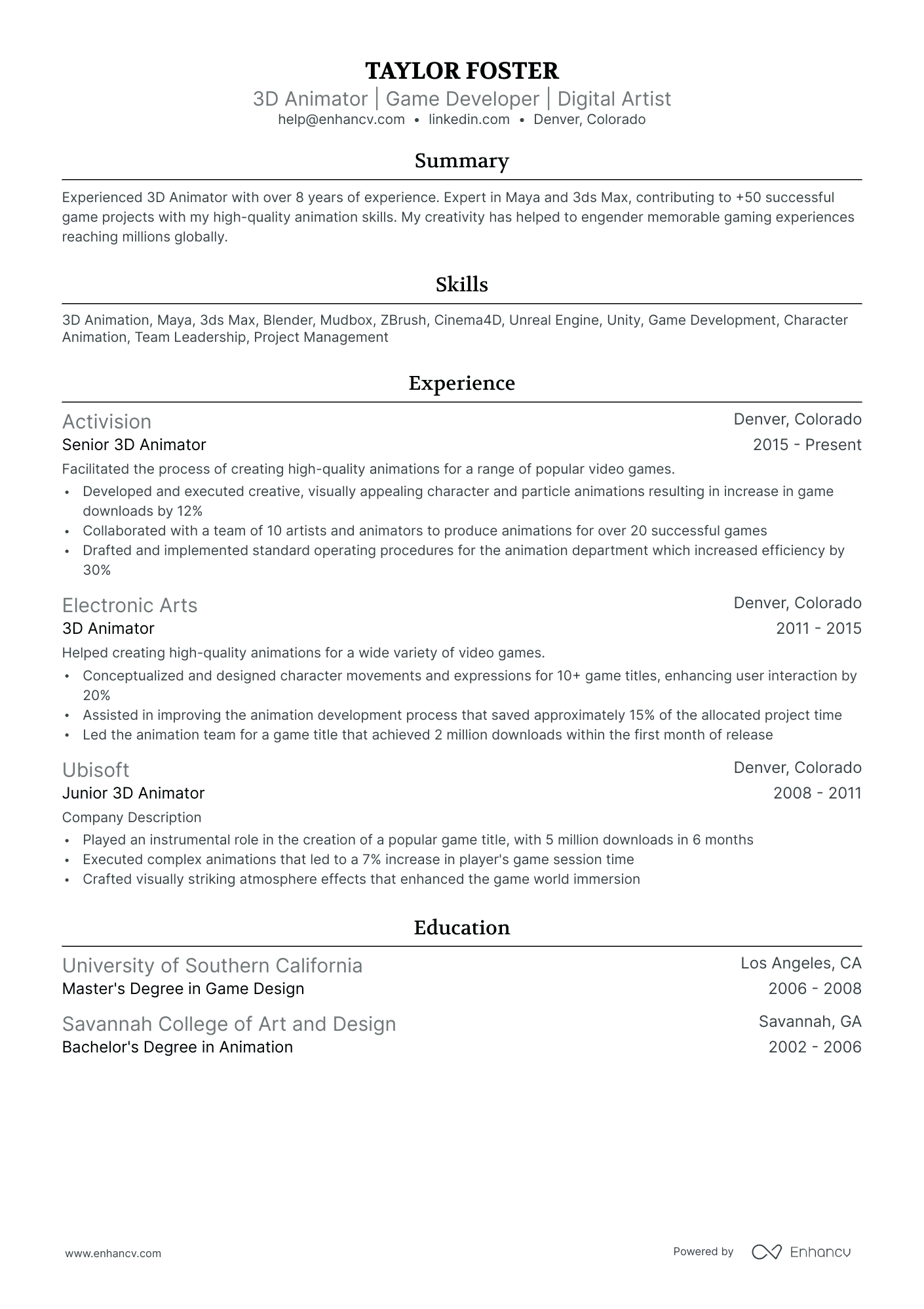 10 3D Animator Resume Examples & Guide for 2026