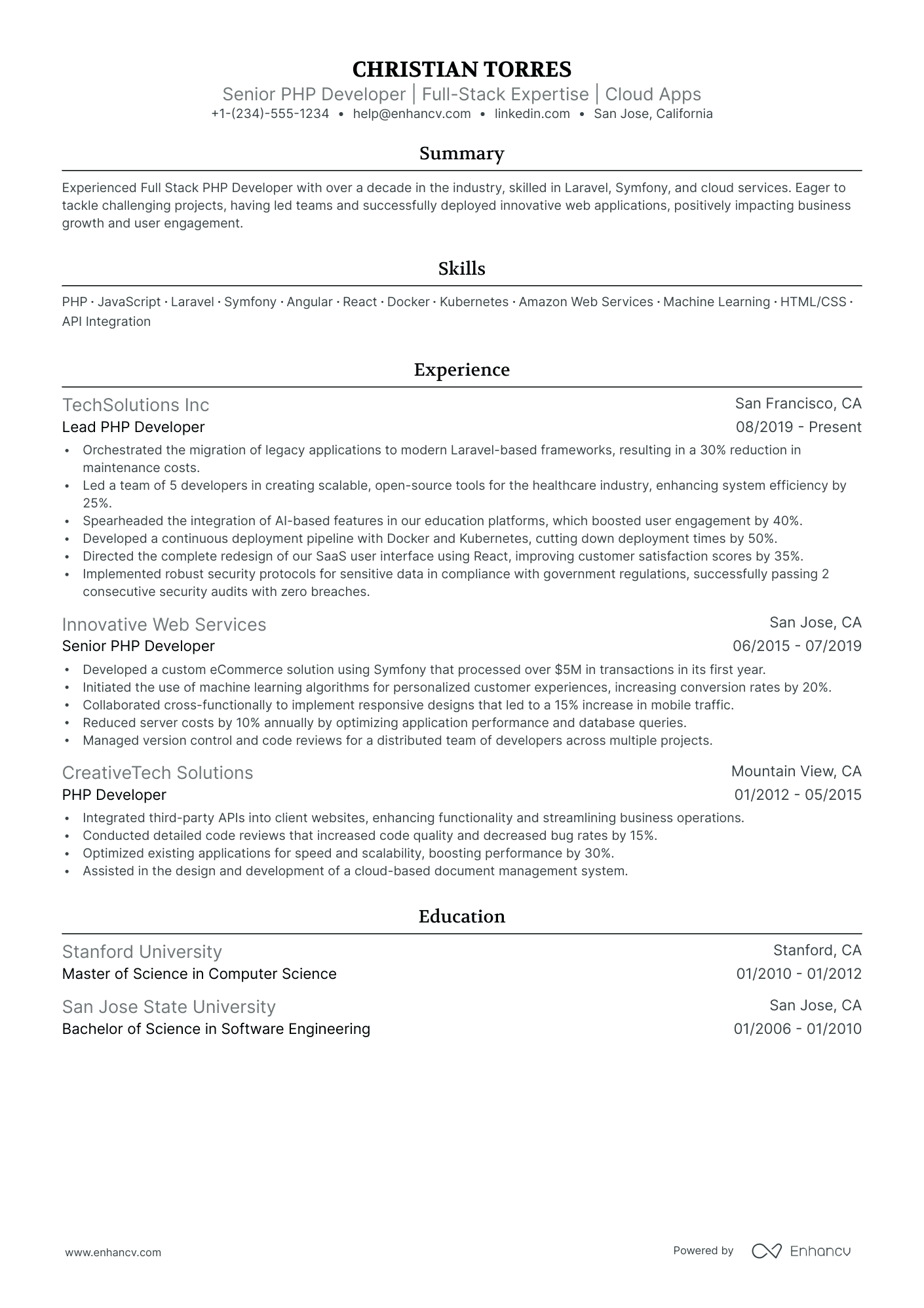 5 Senior PHP Developer Resume Examples & Guide for 2024