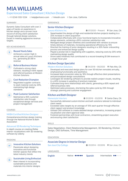 10 Kitchen Designer Resume Examples & Guide for 2026