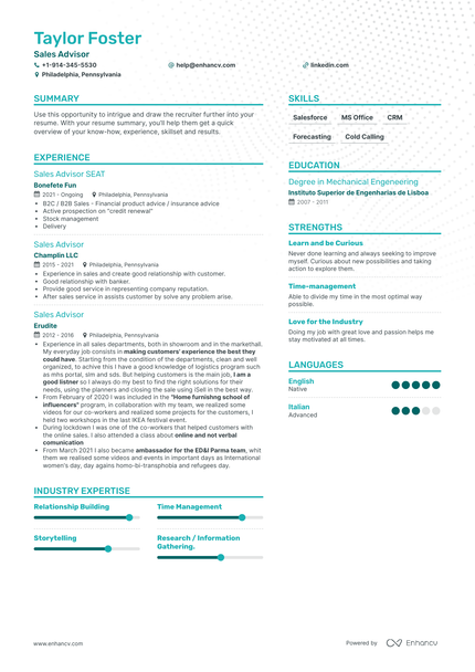 Sales Advisor Resume Examples & Guide for 2023 (Layout, Skills ...
