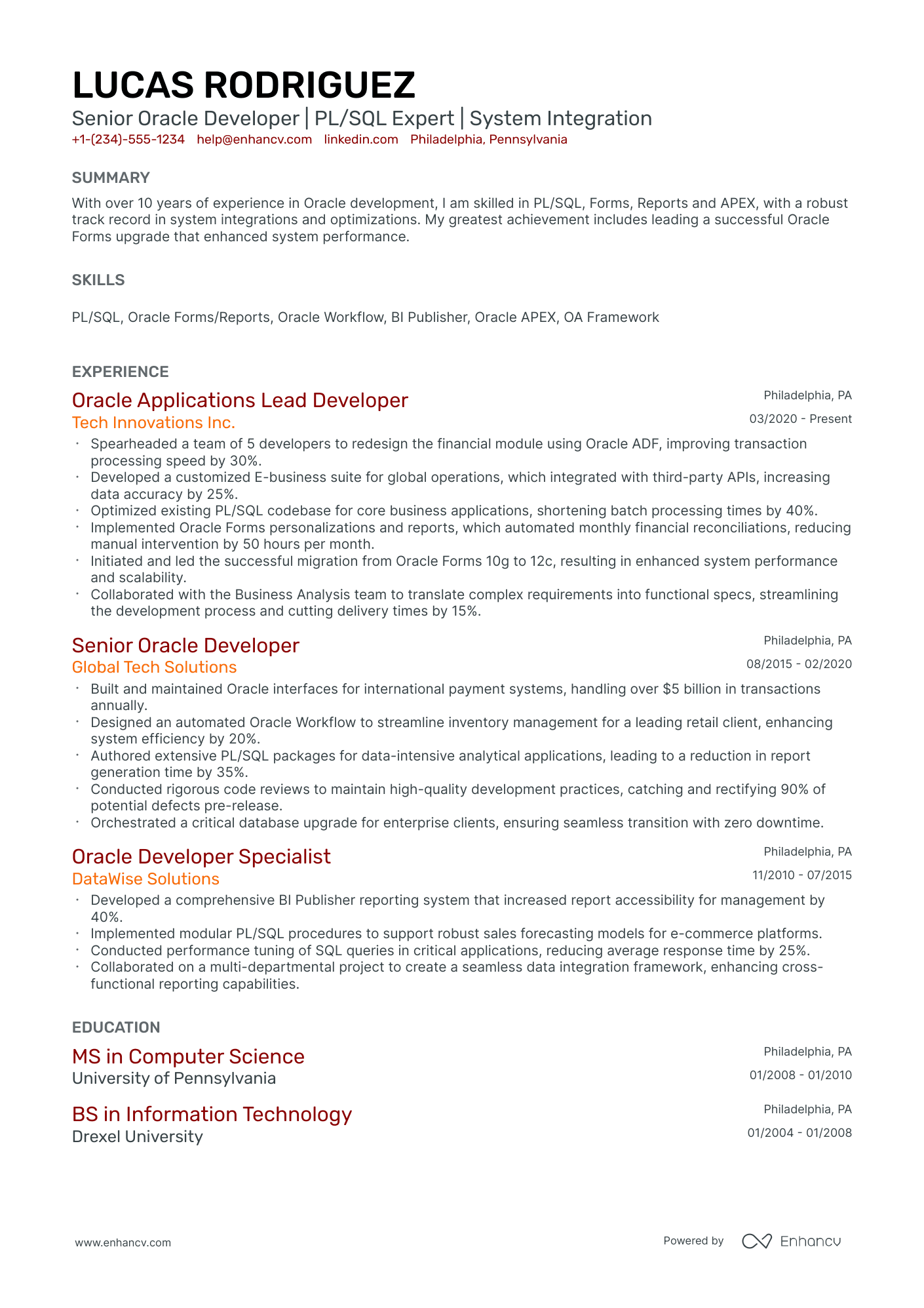 10 Senior Oracle Developer Resume Examples & Guide for 2025