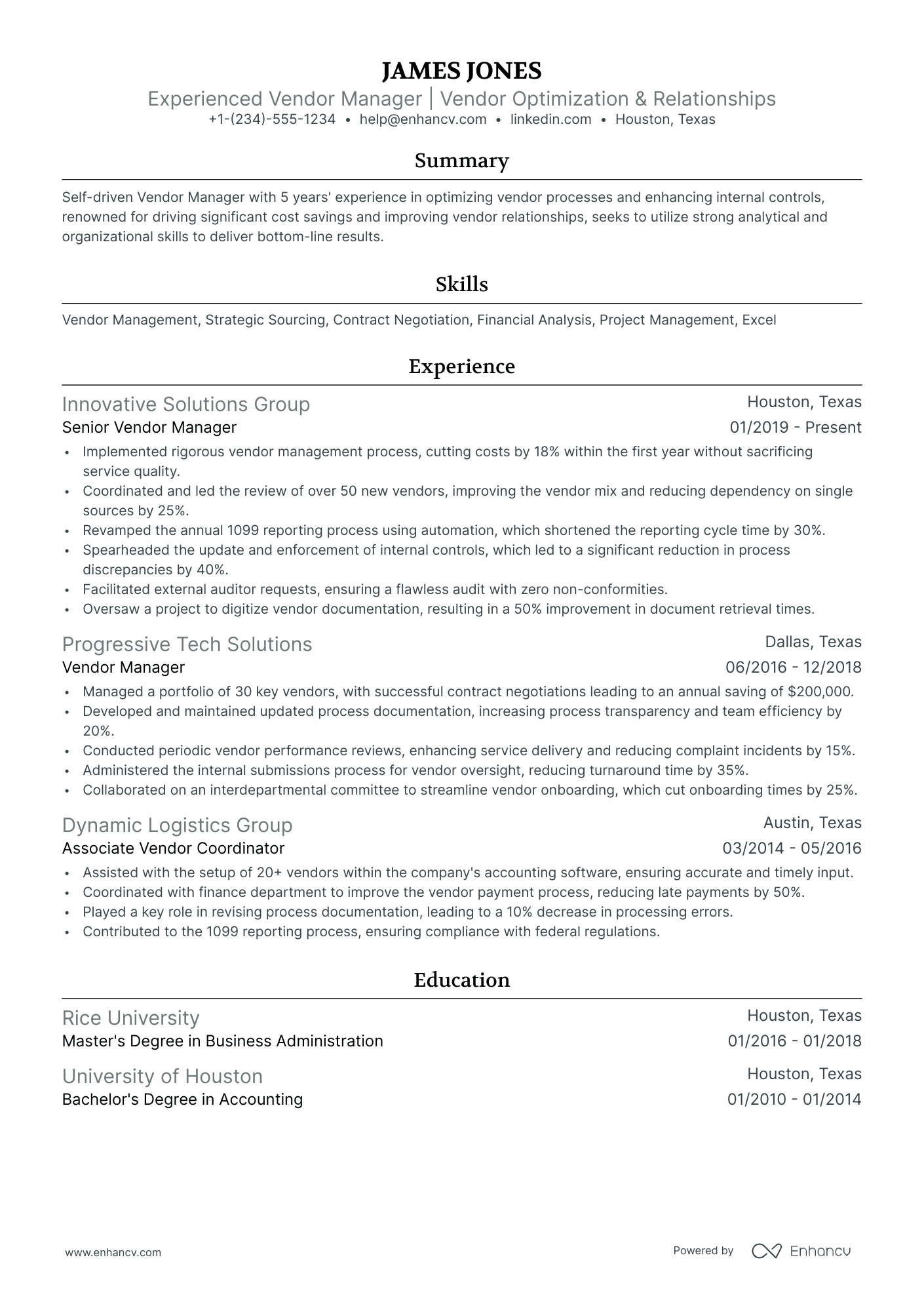 10 Vendor Manager Resume Examples & Guide for 2025
