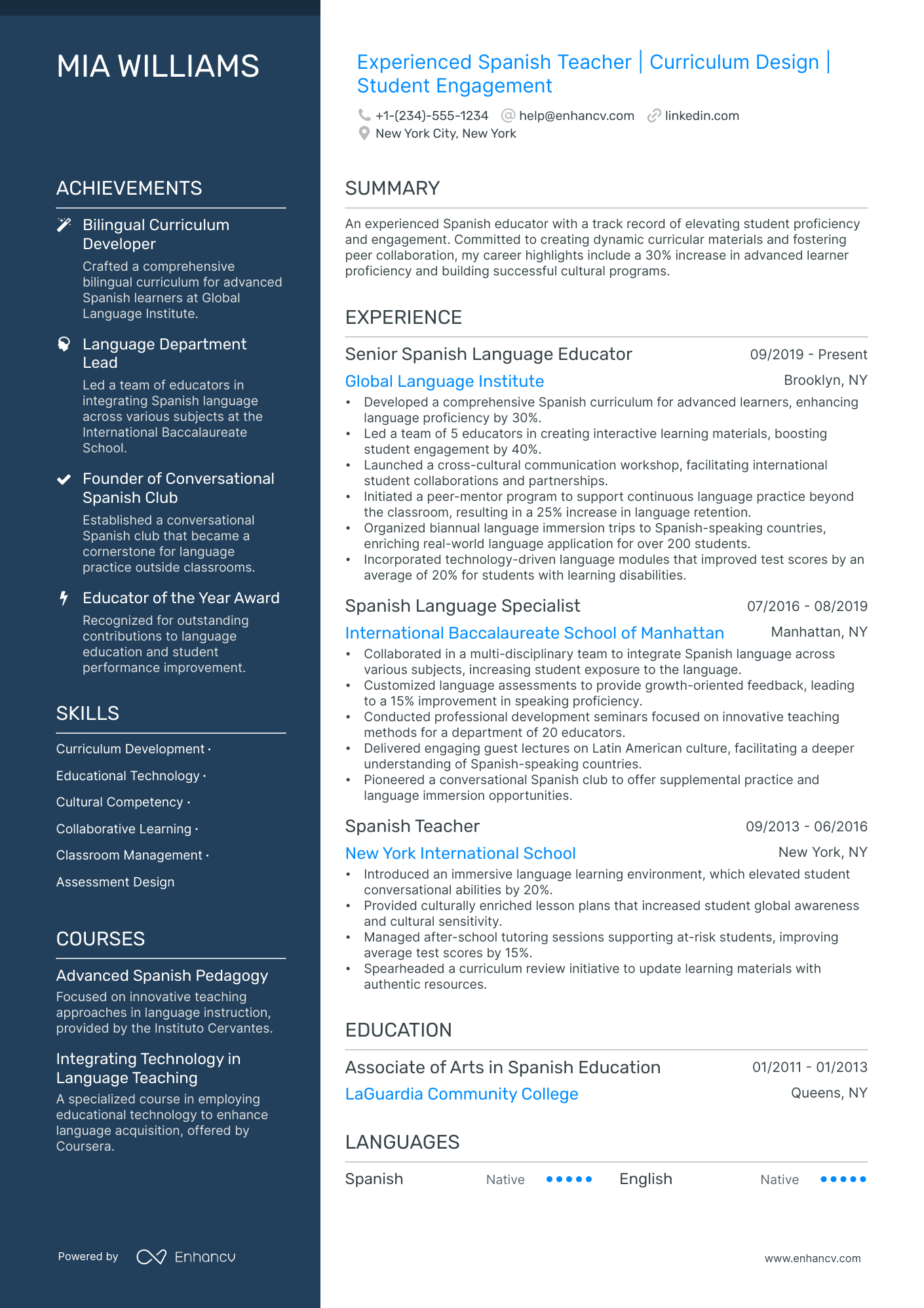 5 Spanish Teacher Resume Examples & Guide for 2024