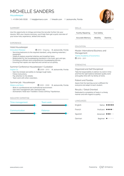 Housekeeper Resume Examples | Pro Tips Featured | Enhancv (Layout ...